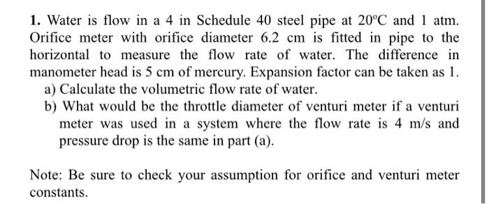 Solved 1. Water is flow in a 4 in Schedule 40 steel pipe at | Chegg.com