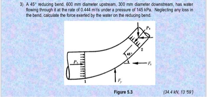 Solved 3) A 45° reducing bend, 600 mm diameter upstream, 300 | Chegg.com