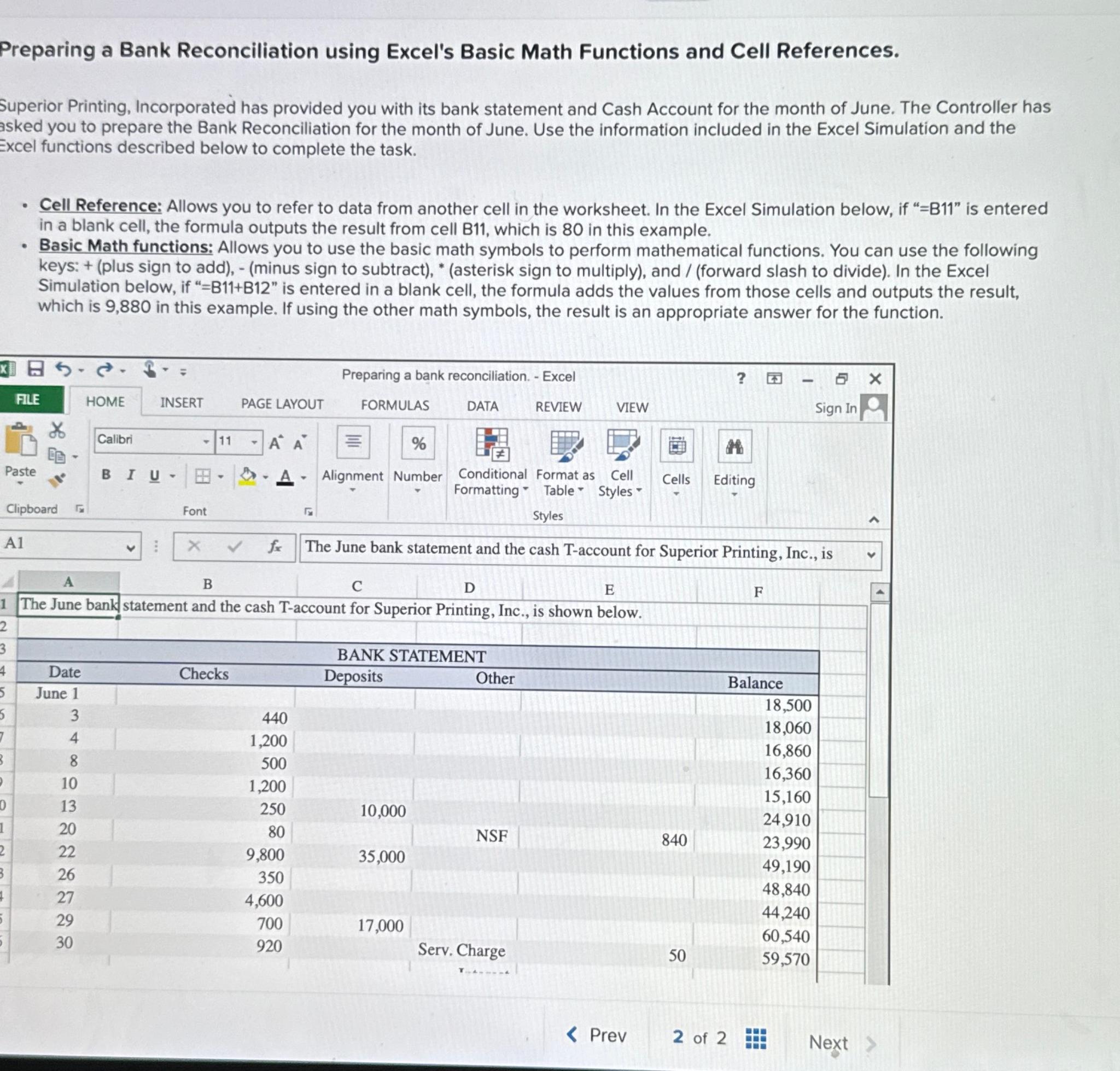 Preparing a Bank Reconciliation using Excel's Basic | Chegg.com