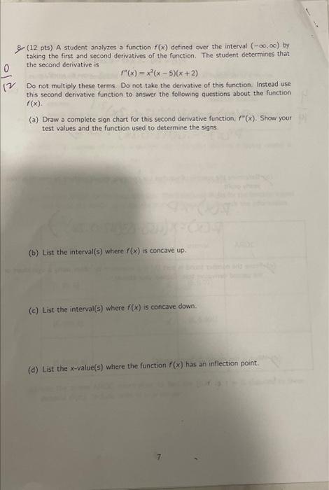 Solved 8. (12 pts) A student analyzes a function f(x) | Chegg.com