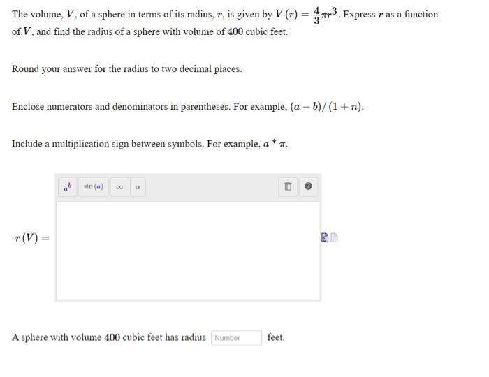 Solved The volume, V, of a sphere in terms of its radius, r, | Chegg.com