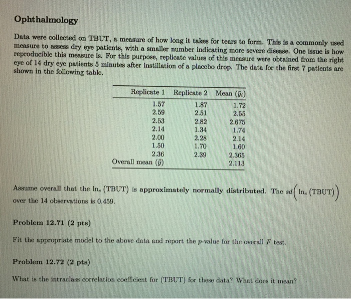 Solved Ophthalmology Data were collected on TBUT, a measure | Chegg.com