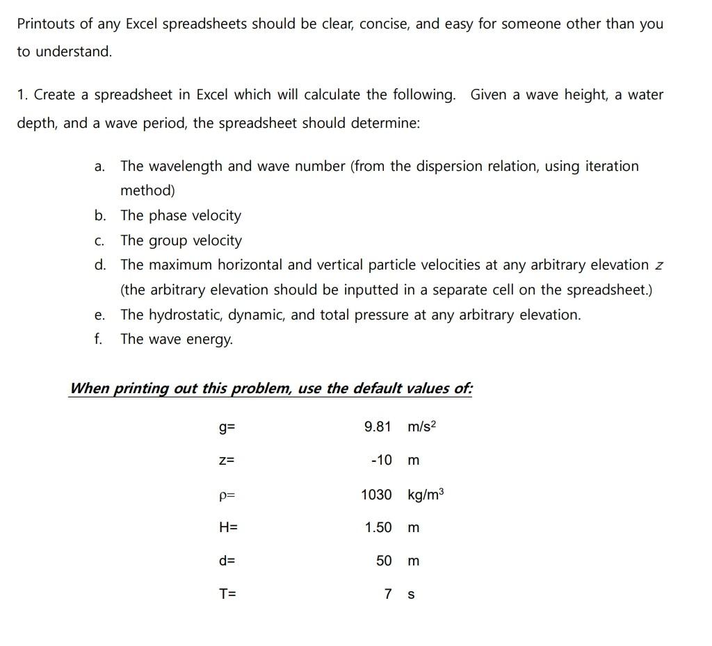 Solved Printouts of any Excel spreadsheets should be clear, | Chegg.com