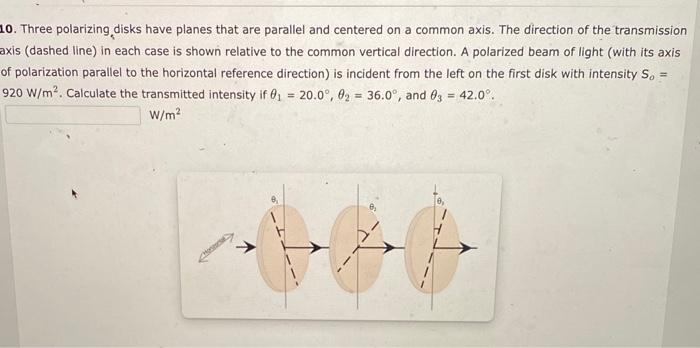 Solved 10. Three polarizing, disks have planes that are | Chegg.com