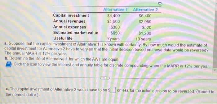 Solved a. Suppose that the capital investment of Alternative | Chegg.com