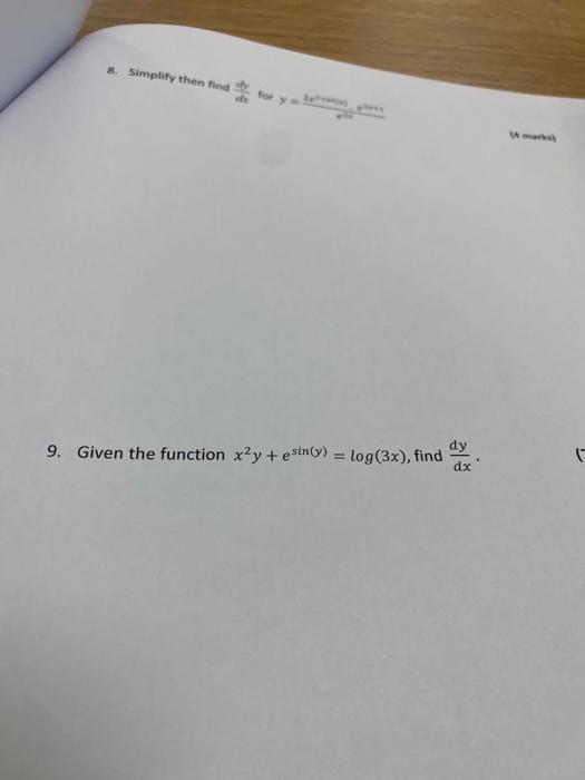 Solved 9. Given the function x2y+esin(y)=log(3x), find dxdy. | Chegg.com