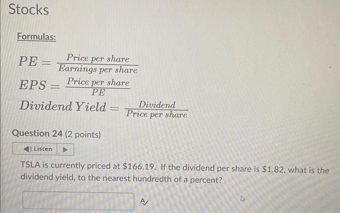 Solved Formulas: PE= Earnings per share Price per share | Chegg.com