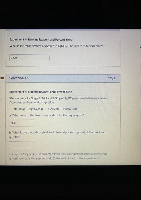 Solved Experiment 4: Limiting Reagent and Percent Yield What | Chegg.com