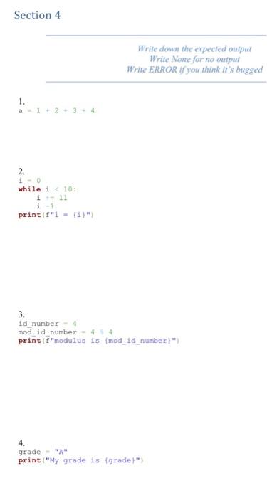 Solved Section 4 Write down the expected output Write None | Chegg.com
