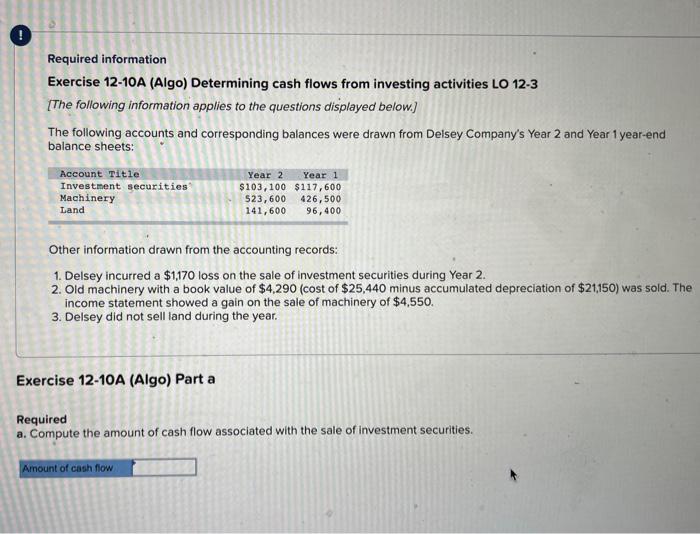 Solved Required information Exercise 12-10A (Algo) | Chegg.com