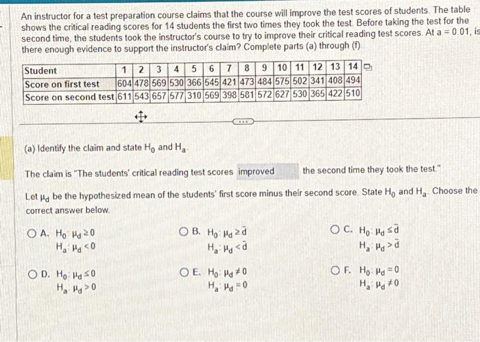 Solved An instructor for a test preparation course claims | Chegg.com