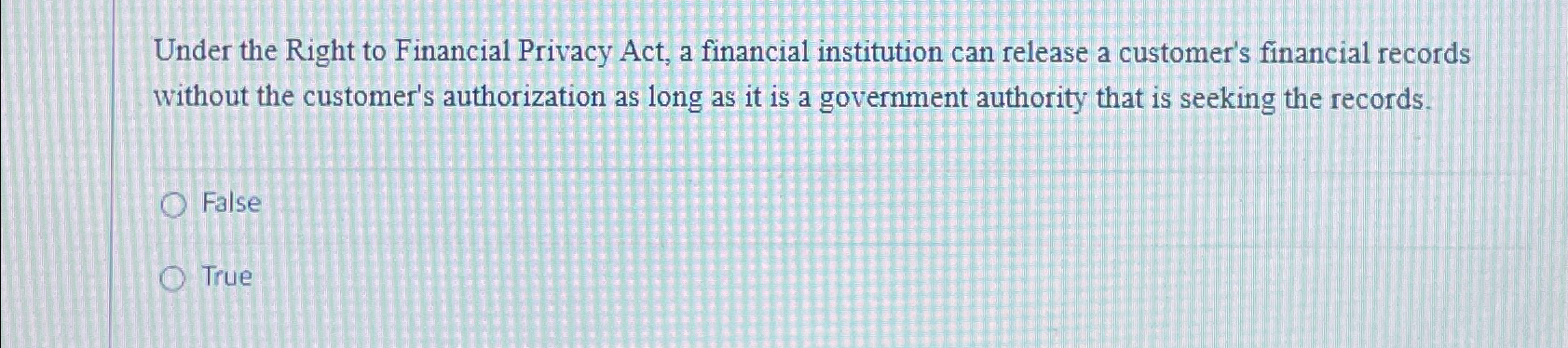 Solved Under the Right to Financial Privacy Act, a financial | Chegg.com