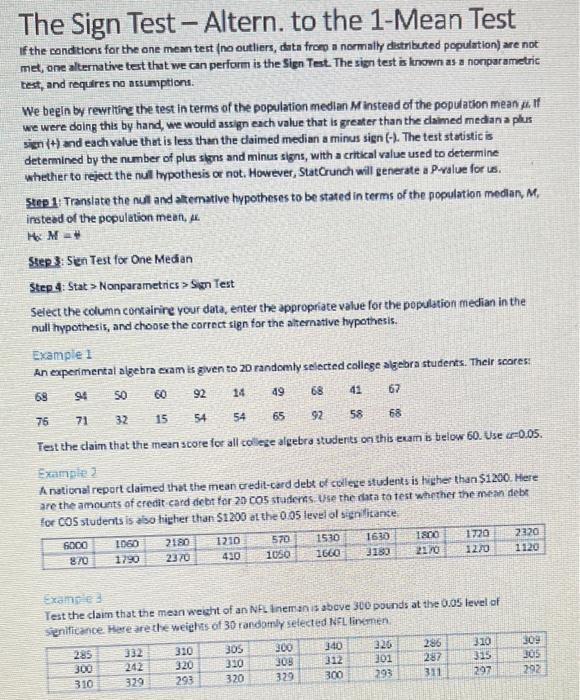 Solved The Sign Test - Altern. to the 1-Mean Test If the | Chegg.com