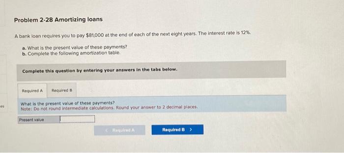 Solved Problem 2-28 Amortizing loans A bank loan requires | Chegg.com
