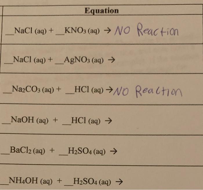 Solved Equation NaCl (aq) + _KNO3(aq) + NO Reaction → ) ) | Chegg.com