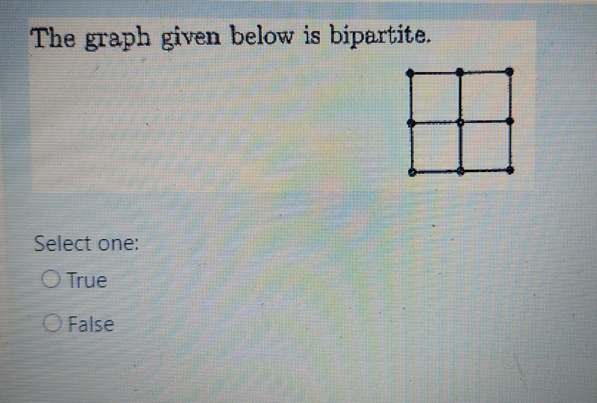 Solved The graph given below is bipartite. Select one: True | Chegg.com