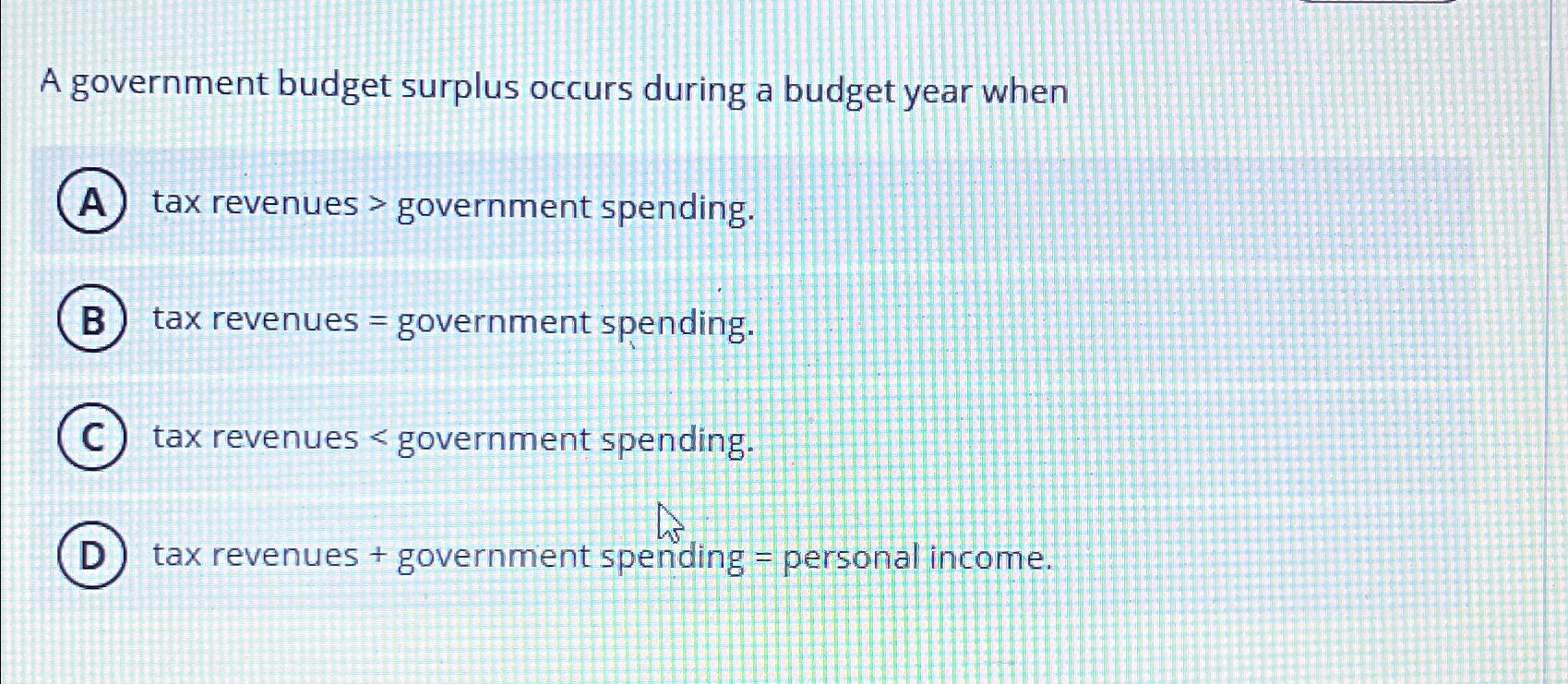 Solved A government budget surplus occurs during a budget | Chegg.com