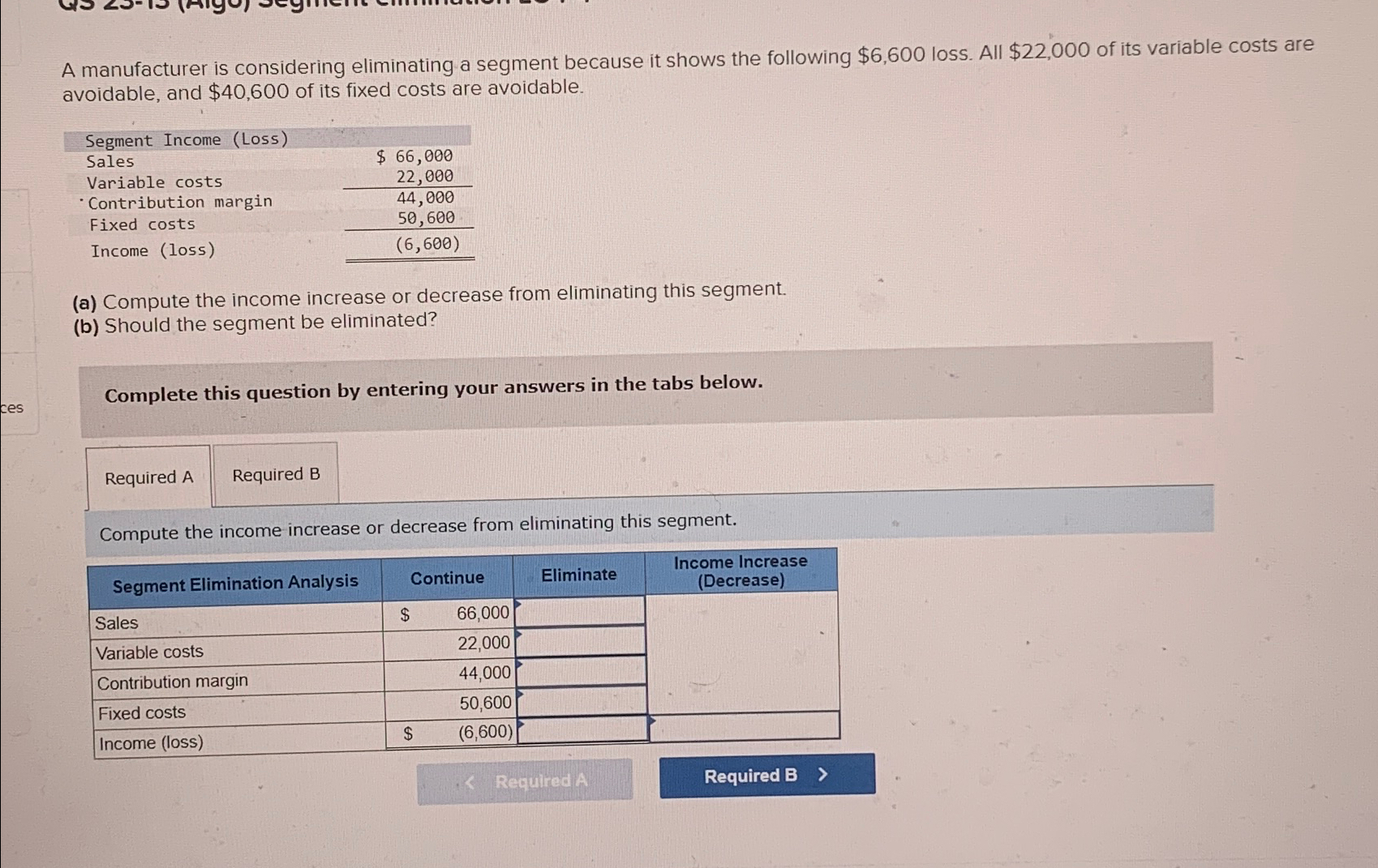 Solved A manufacturer is considering eliminating a segment | Chegg.com