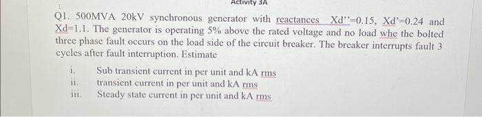 Solved Q1. 500MVA 20kV synchronous generator with reactances | Chegg.com