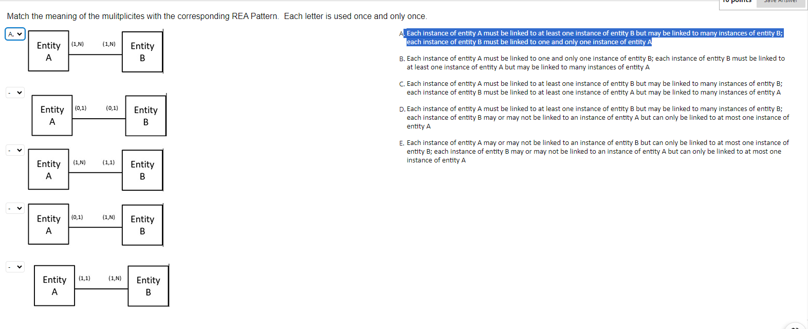 Solved A. ﻿Each instance of entity A must be linked to at | Chegg.com
