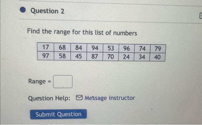 Solved Find the range for this list of numbers Range = | Chegg.com