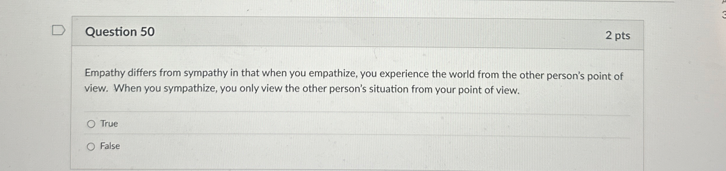 Solved Question 502 ﻿ptsEmpathy differs from sympathy in | Chegg.com