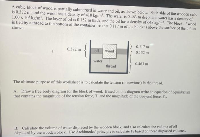Solved A cubic block of wood is partially submerged in water | Chegg.com