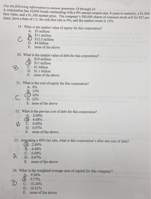 Solved Use the following information to answer questions 19 | Chegg.com
