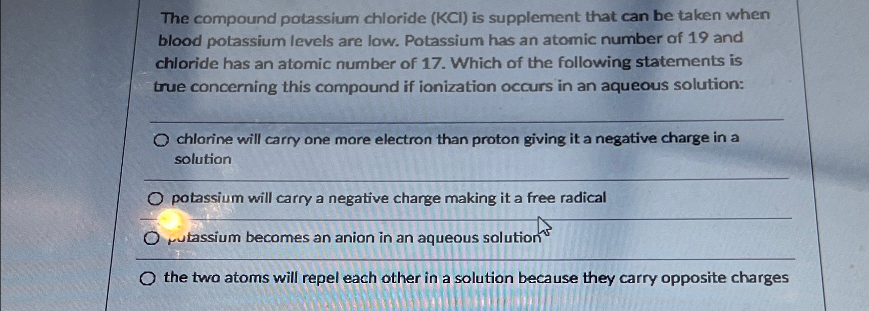 Solved The compound potassium chloride (KCl) is supplement | Chegg.com
