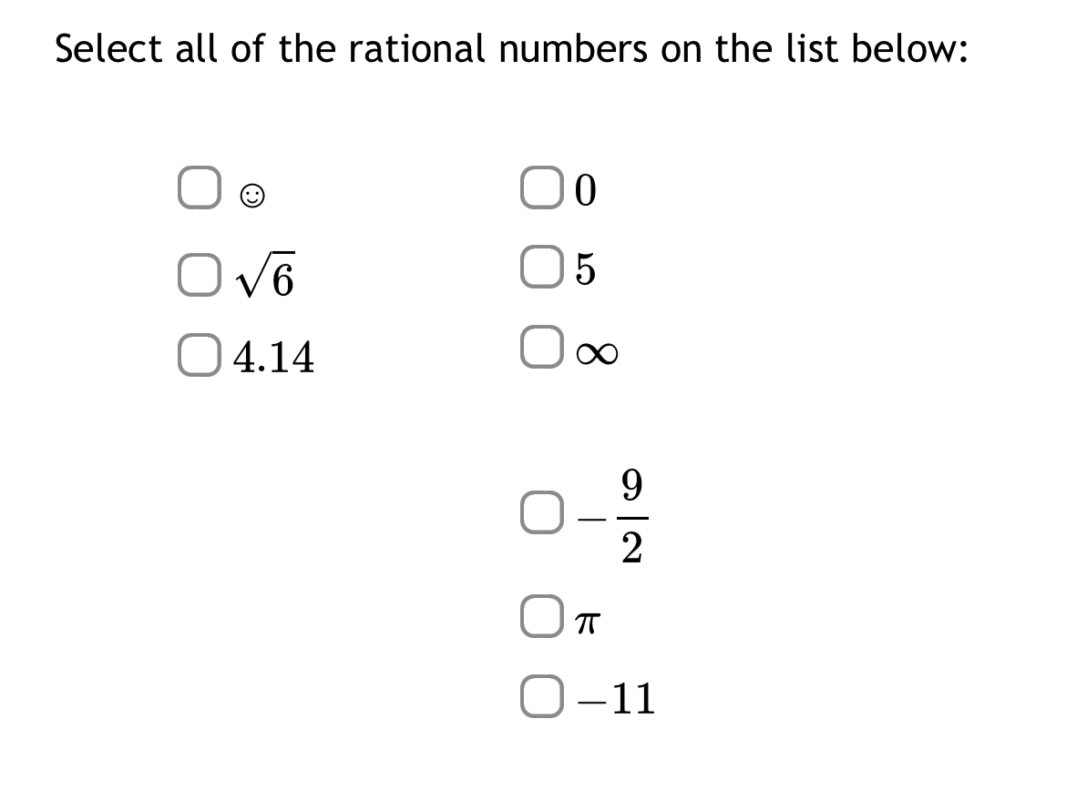 Solved Select all of the rational numbers on the list | Chegg.com