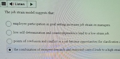 Solved The job strain model suggests that:employee | Chegg.com