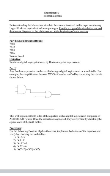 Solved Experiment 3 Boolean algebra Before attending the lab | Chegg.com