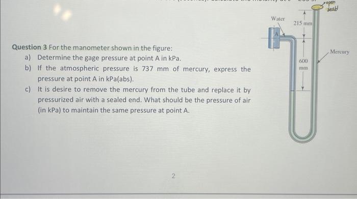 Solved Question 3 For the manometer shown in the figure: a) | Chegg.com
