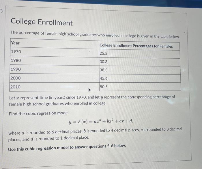 Solved College Enrollment The percentage of female high | Chegg.com