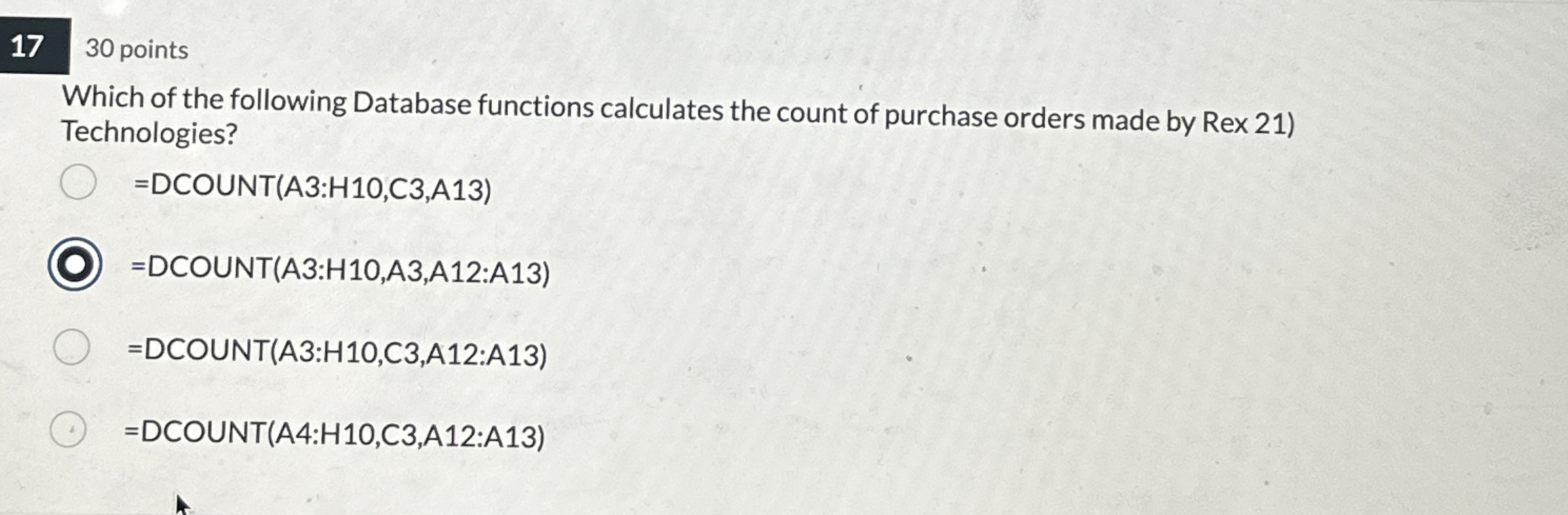 Solved 1730 ﻿pointsWhich of the following Database functions | Chegg.com