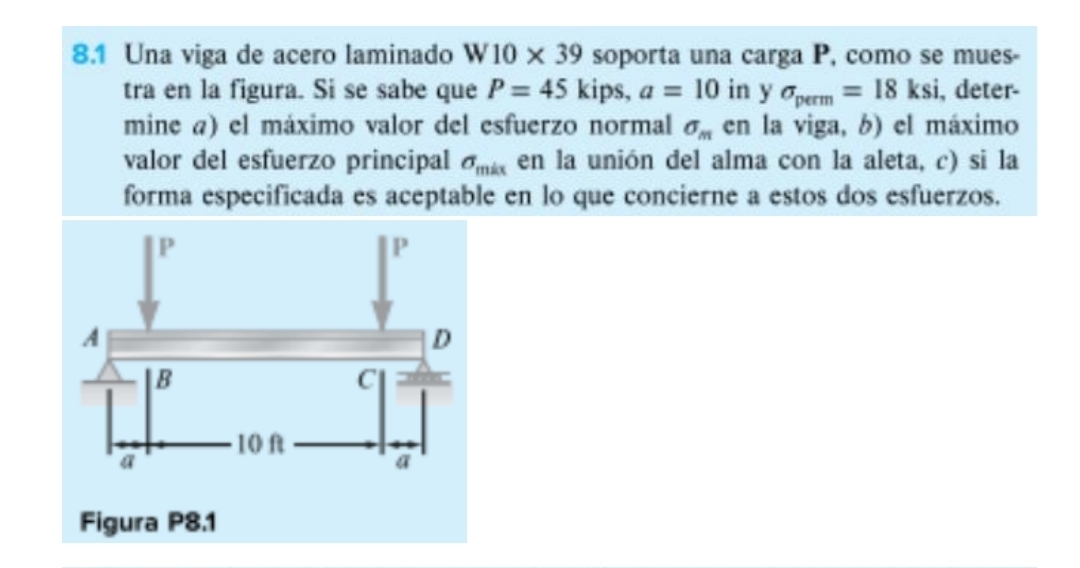 Solved 8.1 ﻿Una viga de acero laminado W 10×39 ﻿soporta una | Chegg.com