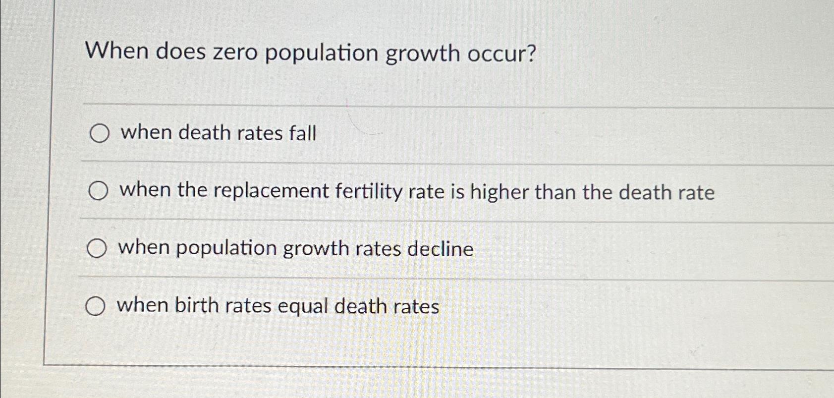 Solved When does zero population growth occur?when death | Chegg.com