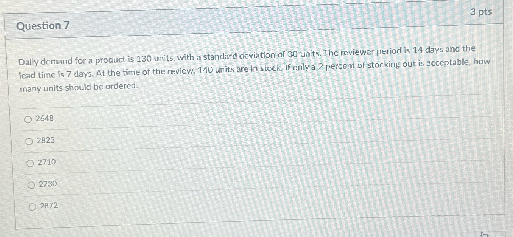 Solved Question 73 ﻿ptsDaily demand for a product is 130 | Chegg.com