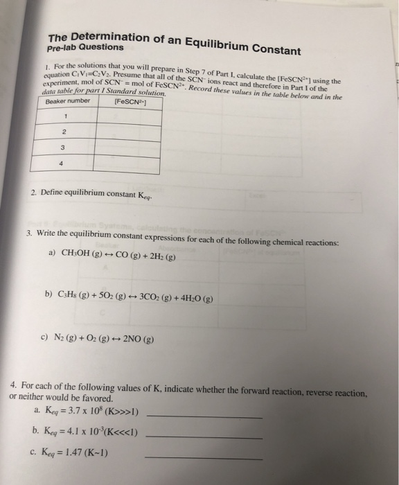 Solved The Determination of an Equilibrium Constant Pre-lab | Chegg.com