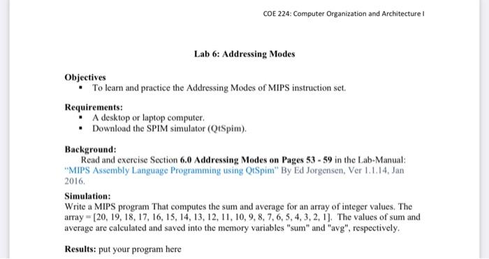 Solved COE 224: Computer Organization and Architecture Lab | Chegg.com
