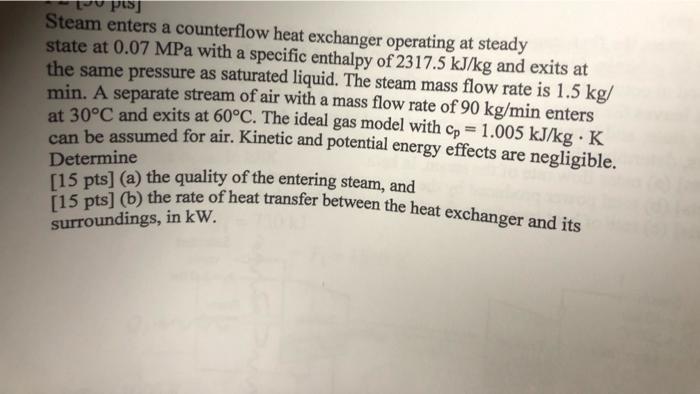 Solved Steam enters a counterflow heat exchanger operating | Chegg.com