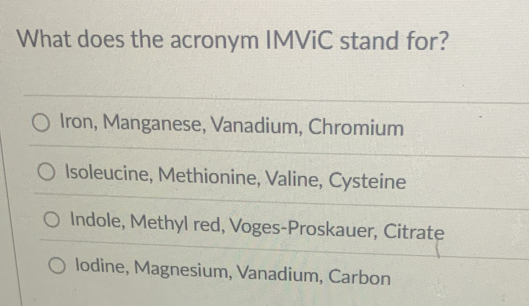 Solved What does the acronym IMViC stand for?Iron, | Chegg.com