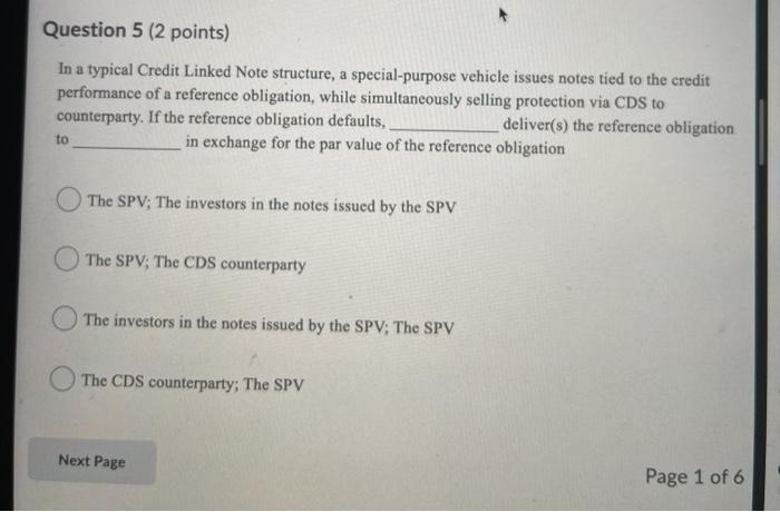 Solved Question 5 (2 points) In a typical Credit Linked Note | Chegg.com