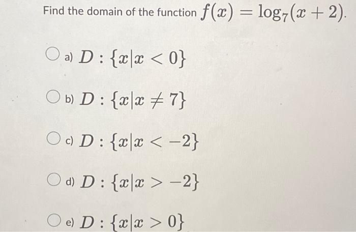 Solved Find the domain of the function f(x)=log7(x+2). a) | Chegg.com