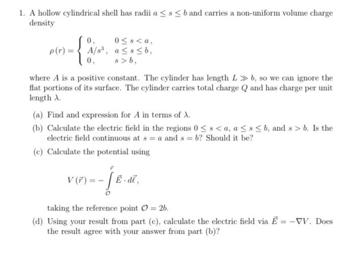 Solved { 1. A hollow cylindrical shell has radii a