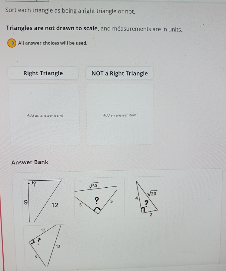 Solved Sort each triangle as being a right triangle or | Chegg.com
