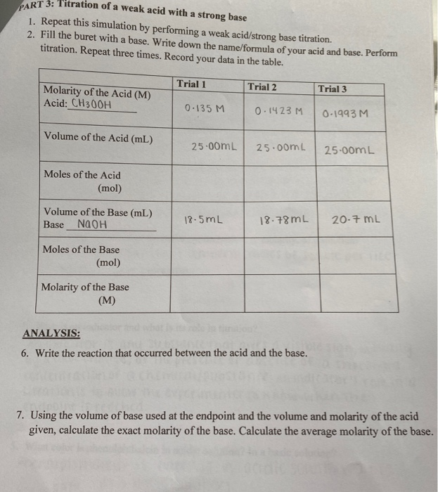 Solved PART 3: Titration of a weak acid with a strong base | Chegg.com