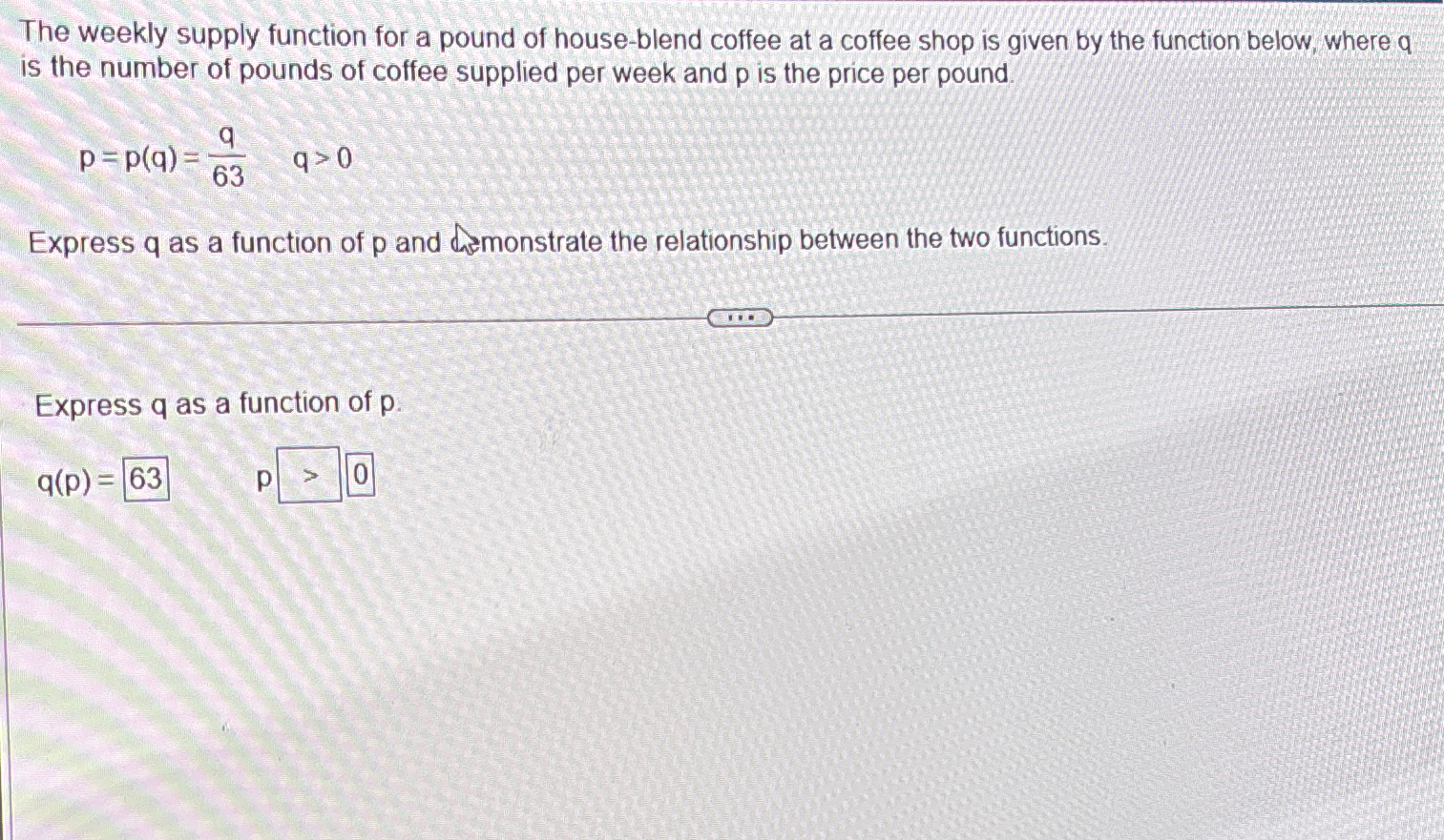 Solved The weekly supply function for a pound of house-blend | Chegg.com