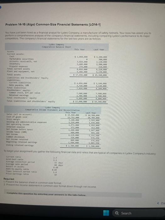 Solved Problem 14-16 (Algo) Common-Size Financial Statements | Chegg.com