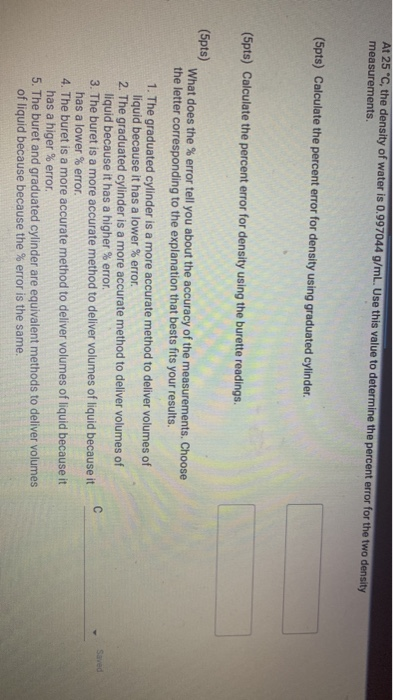 Table view List view Density of water calculation | Chegg.com